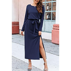 ULTRANICE 2023 Long Sleeve Dress for Women Navy Casual Fall Winter Slit Maxi Dresses(Navy,L)