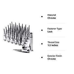 MIKKUPPA M14x1.5 Wheel Spike Lug Nuts, 32 PCS Chrome Spiked Lug Nuts 14mmx1.5 Solid 4.4" Tall Acorn Lug Nut with 1 Socket Key Replacement for Chevy Silverado 1500 2500 3500, F-150 F-250 F-350