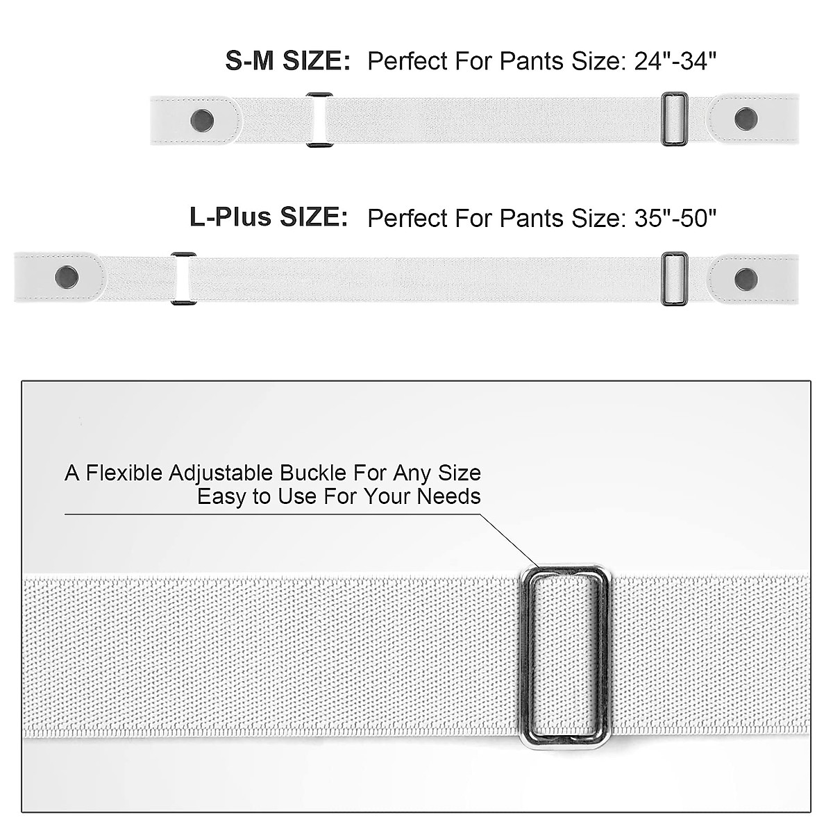 WHIPPY Buckle Free Comfortable Elastic Belt for Women or Men, Buckle-less No Bulge No Hassle Invisible Belts, White, L