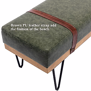 DUOMAY Industrial Modern PU Rectangle Ottoman Bench with PU Strap and Metal Legs, Mid Century Dining Table Bench Footstool Entryway Shoe Bench for Bedroom Dining Room Living Room, Green