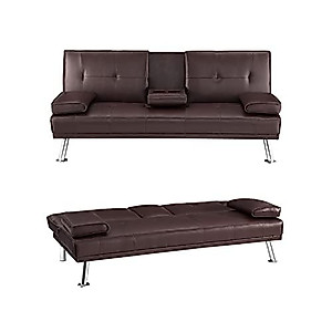 Naomi Home Transform Your Living Space with Comfort Espresso Futon Sofa Bed with Armrest, Cupholders, & Reclining Function, Ideal for Cozy Living Rooms! Sofa Bed Couch with Metal Legs, Faux Leather