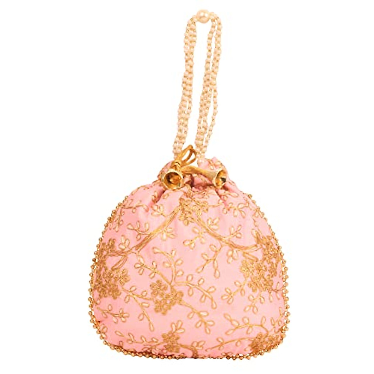 INDTRESOR beaded hand embroidered evening purse handbag vintage party wedding gift for women. Light Pink gold pearl