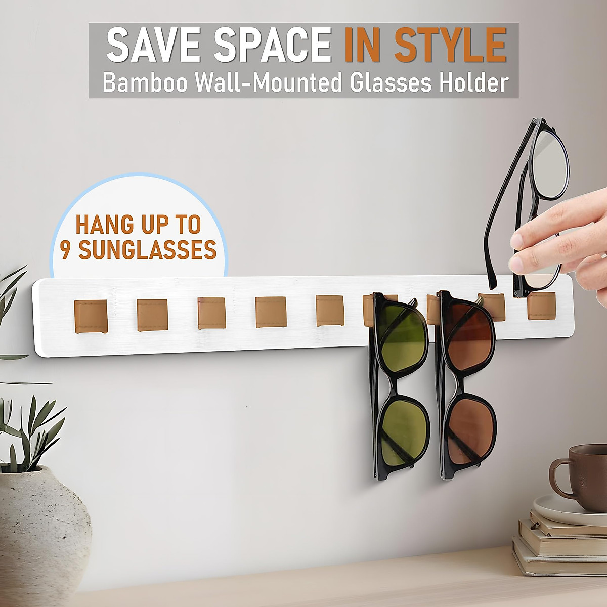 SOULE Versatile Quality Sunglasses Holder, Wall Mounted Eyeglasses Organizer with Hooks (White)