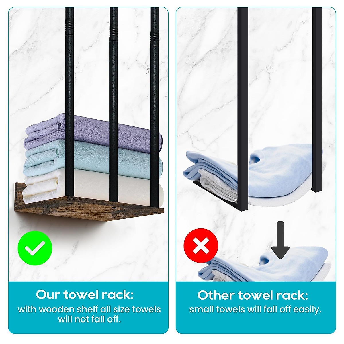 WeGXY Towel Racks for Bathroom Wall Mounted with Wooden Storage Shelf, 2024 Updated 3 Bar Metal Towel Holder for Rolled Towels, Sturdy and Large Capacity, Towel Storage Organizer