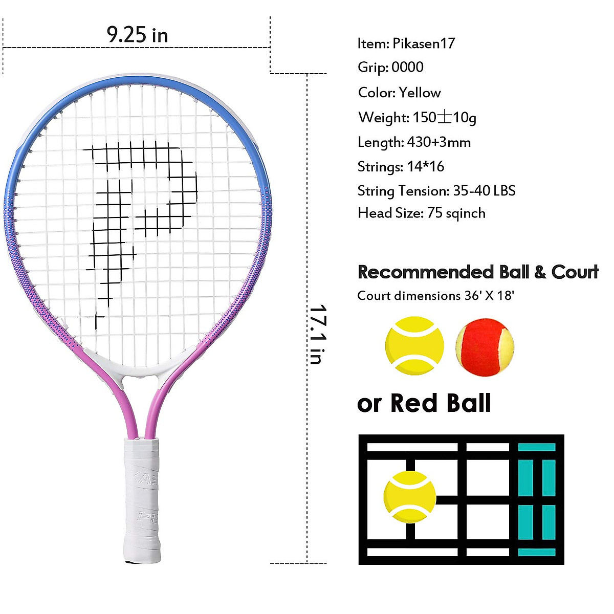 PIKASEN 17" Kids Tennis Racket Best Starter Kit for Kids Age 4 and Under with Shoulder Strap Bag and Mini Tennis Racket Toddler Tennis Raquet (Pink)