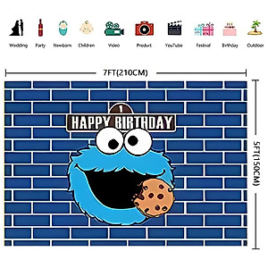 Backdrop, Cookie Monster for Birthday Party Decorations,Happy Birthday Banner Shoot Photo Backgrounds Props for Boys and Girls Party 7X5ft