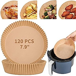 120 Pcs Air Fryer Disposable Paper Liner, 7.9-inch Liners for Air Fryer [ Fit 5-8 QT ], Non-stick Parchment Paper for Frying, Baking, Cooking, Roasting and Microwave - Unbleached, Oil-proof