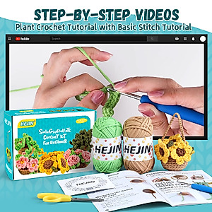 HEJIN Crochet Kit for Beginners, 5PCS Crochet Plant Kit for Adults Kids-Amigurumi Crochet Kit include Every Tool, Videos Tutorials, Crochet Starter Kit Learn to Crochet Kit Gift for Birthday, Easter
