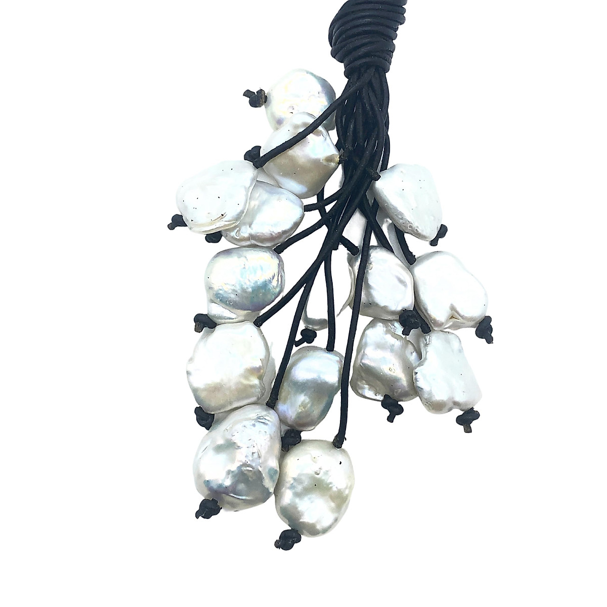 Keshi White Pearl Cluster Y-Necklace on Leather Cord