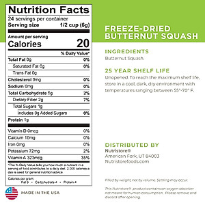Nutristore Freeze Dried Butternut Squash | Vegetables for Healthy Snack or Long Term Storage | Emergency Survival Canned Food Supply | Bulk #10 Can Veggies | 25 Year Shelf Life | 24 Servings