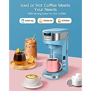 Hot and Iced Coffee Maker for K Cups and Ground Coffee, 4-5 Cups Coffee Maker and Single-serve Brewers, with 30Oz Removable Water Reservoir, 6 to 24Oz Cup Size, Pot and Tumbler Not Included, Blue
