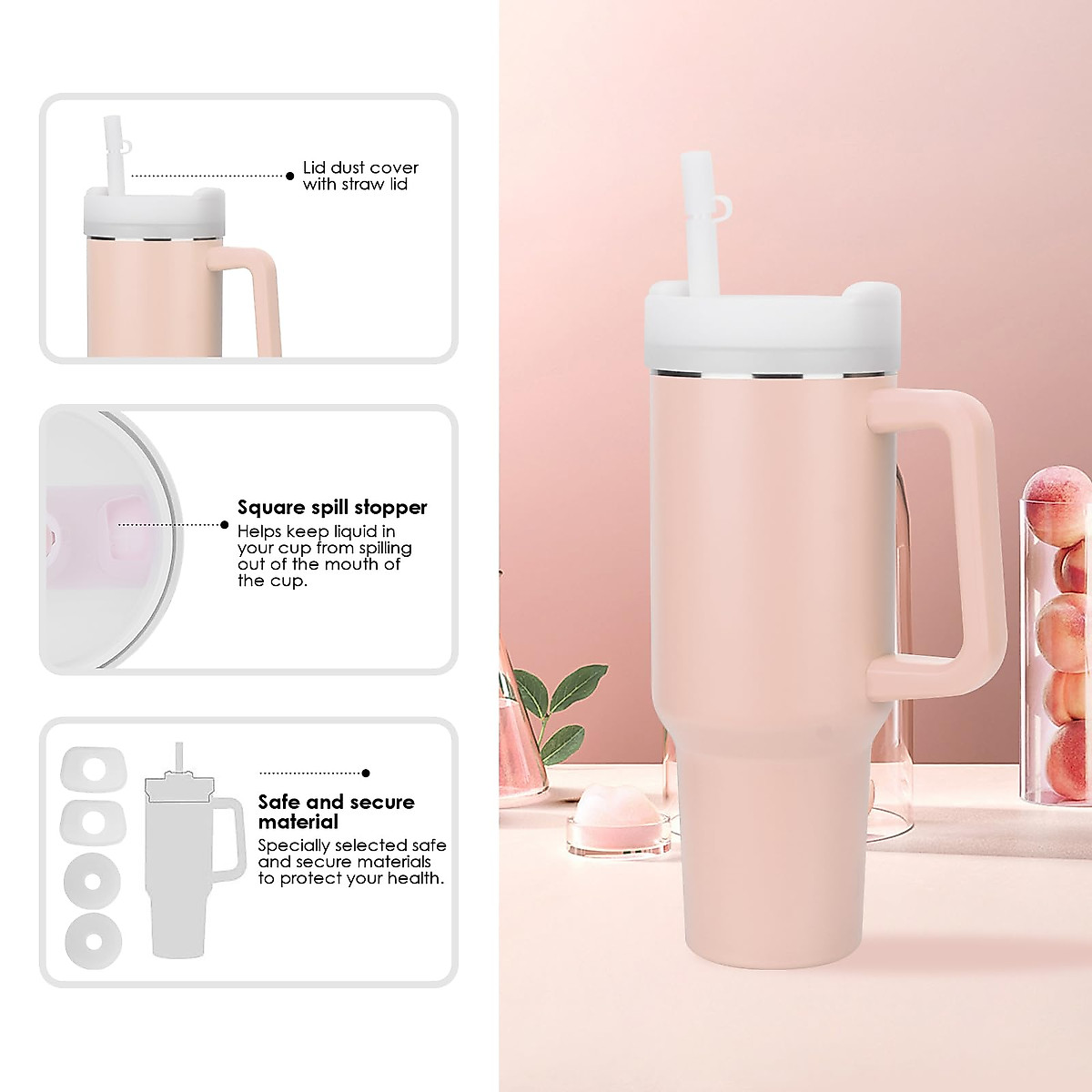 2 Pcs Replacement Lids For Stanley Cup 40 Oz Tumbler, Silicone Spill Stopper 4Pcs Set For H2.0 Stanley, Silicone Cup Lid Dust Cover With Straw Lid Cap 1 Pcs, 4 Pcs Long Reusable Stanley Straw (pink)