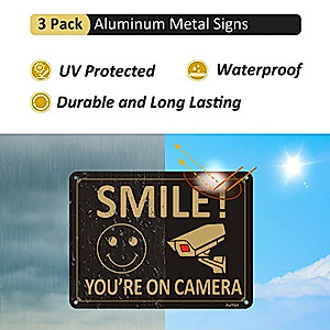Ayifan 2 Pack Smile Your on Camera signs Sticker for Car Video Surveillance Signs 8" x 6" Reflective Aluminum Metal with Self-Adhesive Small Door Sign for Window Yard Lawn Black Gold Outdoor Indoor
