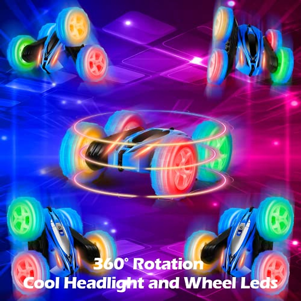 Flymevac Remote Control Car, 360° Rotating RC Stunt Cars with Wheel Lights and Headlights,4WD 2.4Ghz Double-Sided Fast and Flips RC Cars for 6-12 Year Old Kids Xmas Toy Cars Gift for Boys Girls(Blue)