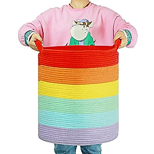 Autonomier 14" x 20" Rainbow Extra Large Tall Cotton Rope Woven Storage Baskets,Throw Blanket Storage Basket for Living Room,Home Decorative Storage Baskets,Cute Boho Nursery Hamper Laundry Basket