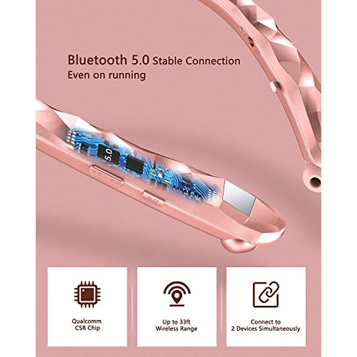 Yooken Bluetooth Headphones, Neckband Bluetooth Headset with Retractable Earbuds, CVC 8.0 Noise Cancelling Stereo Wireless Headphones with Mic for Running, Office Home, Video Conference (Rose)