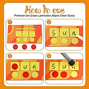 hwojjha Sound Box Mats and Chips 24 Pcs Dry Erase Mats and 84 Pcs Chips Phonemic Awareness Phonics Games Reading Games Sound Box Mats and Chips (Bright Style,Cardboard)