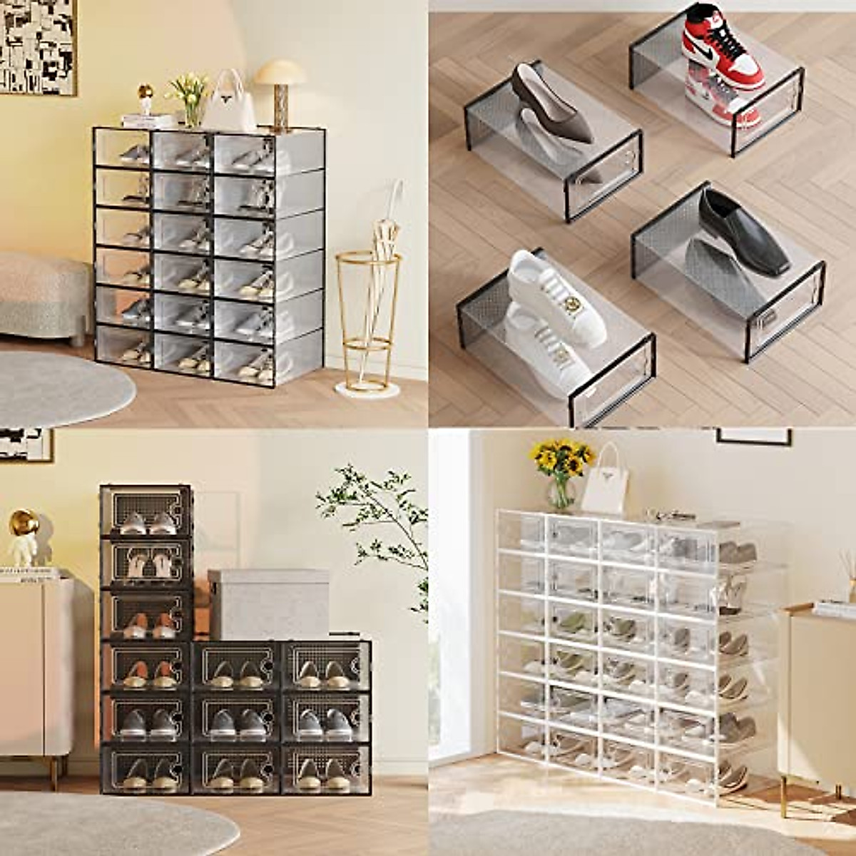 JOCHER 12 Pack Shoe Storage Boxes Black,Clear Plastic Stackable Shoes Organizer for Closet,Sneaker Storage Bins with Lids,Shoe Storage Containers for Under Bed,Entryway,Closet Floor,Space Saving