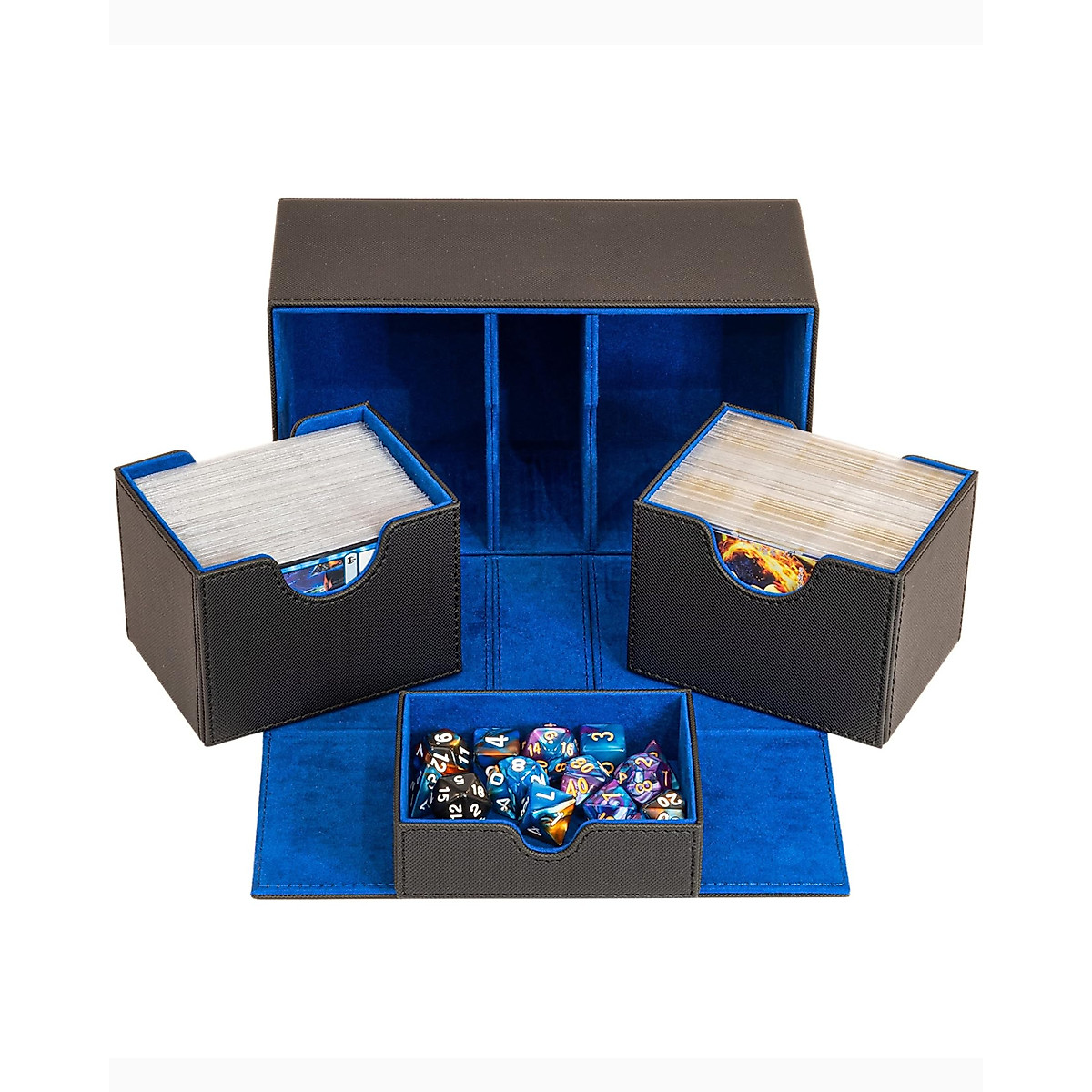 Durable Double Deck Box with Dice Tray - MTG Deck Box Commander Friendly - Protects 200+ Double Sleeved Cards - Designed for MTG Commander Deck Box with Sideloading Card Trays (Blue Interior)