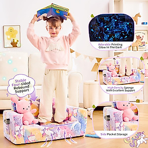 IFNOW Toddler Couch, Toddler Chair Folding, Kids Couch 2 in 1, Kids Sofa for Playroom-Extra Soft 2 Seats, Glow in The Dark Open Couch, Gifts for Kids, Sleeper for Girls Boys, Unicorn