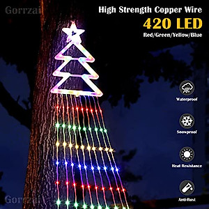 Outdoor Christmas Decorations Star String Lights 420 LED Waterproof Waterfall Lights with Christmas Tree Topper, Gorrzai 8 Lighting Modes String Lights for Tree Yard Patio Garden Party (Multi-Colored)