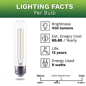 Bioluz LED 94 CRI T10 LED Bulb 40W (Uses only 5W) E26 Base Filament Bulb Soft White 3000K T10 LED Edison Bulb Works with Dimmable or Non-Dimmable UL-Listed Title 20 High Efficacy Lighting 6-Pack