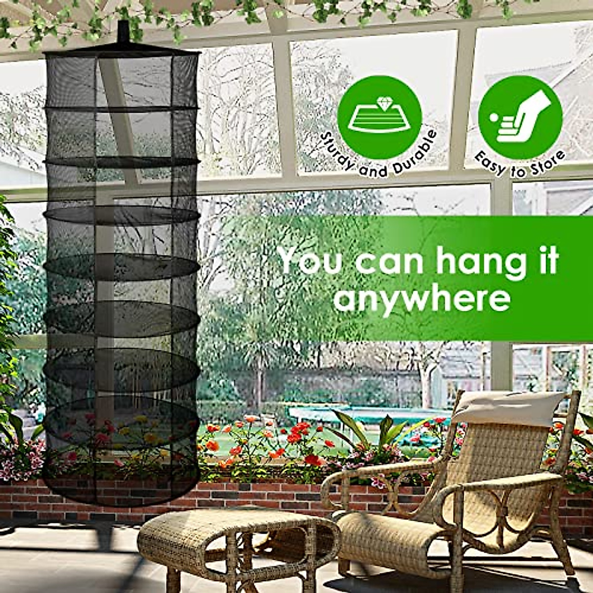 iPower 8-Layer 2ft Herb Drying Rack Black Mesh Hanging Net Dryer Collapsible with Opendoor, Pothook and Storage Bag, for Hydroponics Flowers, Buds, Fruits, Seafoods, Clothes, 2 Packs