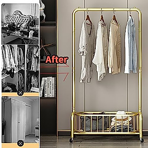 KDFWYDS Metal Coat Rack Stand with Basket Free Standing Garment Rail with 360° Wheels Clothes Rack for Hall, Entryway, Bathroom and Living Room (Color : Gold, Size : 60cm)