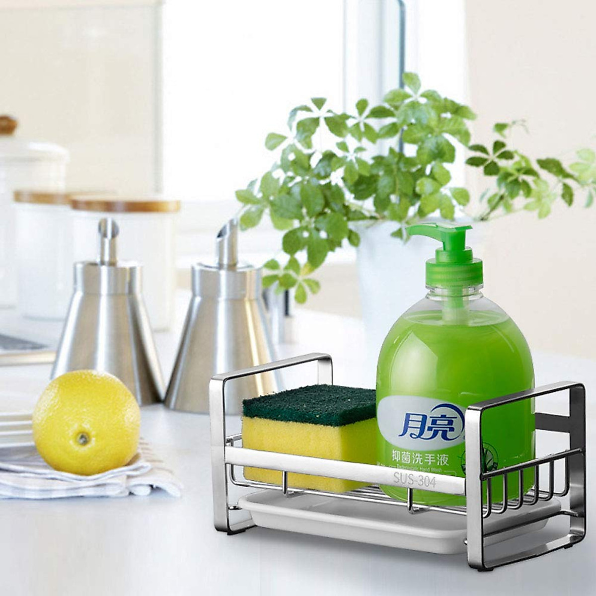 2 Pack Kitchen Sponge Holder - Kitchen Sink Organizer - Sink Caddy - Sink Tray - Soap Holder - Stainless Steel,Silver+White