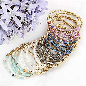 RIAH FASHION Delicate Boho Beaded Multi Layer Versatile Bracelets - Stackable Stretch Bangles Sparkly Crystal, Natural Stone (Delicate Natural Stone & Gold Mix)