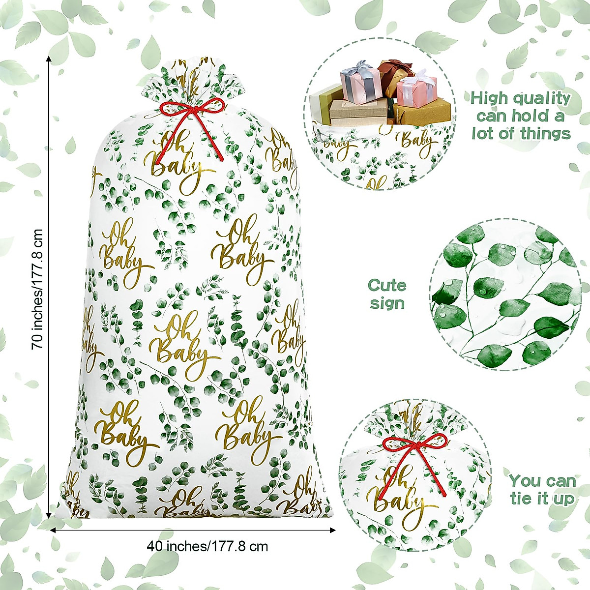 Zonon 3 Pcs 56'' Extra Large Sage Green Baby Shower Bags Oversized Holiday Plastic Gift Bags Jumbo Storage Gift Wrapping Bags for Party Favors Gift Wrap