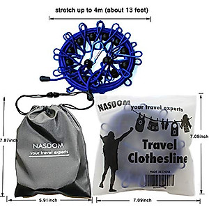 Travel Clothesline,4m/13ft Portable Retractable Adjustable Clothes Line Rope with 1 Waterproof Bag, 12 Clothespins, 13 Anti-Skid Clips for Outdoor and Indoor(Blue)