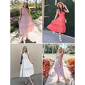 ZESICA Women's Casual Crew Neck Flutter Sleeve Smocked High Waist Hollow Out Lace Trim Tiered A Line Midi Dress,DarkPink,Small