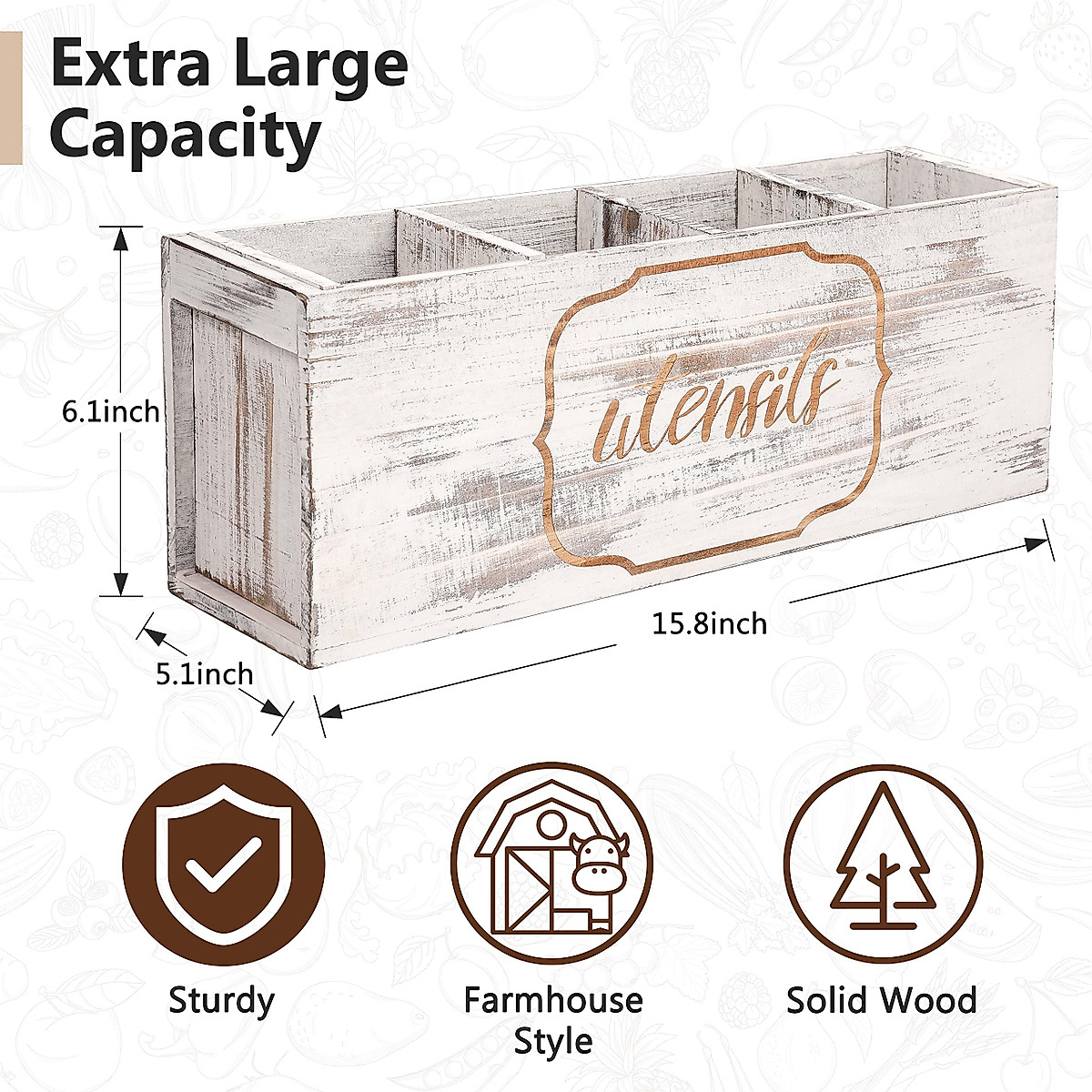 Yumkfoi 2 Pack Extra Large Utensil Holder with 4 Compartments, Wooden Farmhouse Utensil Organizer for Kitchen Counter Rustic Cooking Utensil Crock Countertop Utensil Caddy Spatula Holder (White&Black)