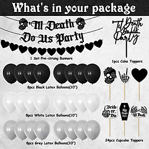 Kitticcino Til Death Do Us Party Party Decorations Gothic Party Banner Acrylic Cake Topper Black White Balloons Black Heart Garland for Bride or Die Bachelorette Halloween Wedding Supplies