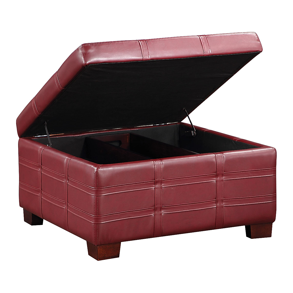 OSP Home Furnishings Detour Strap Square Storage Ottoman with Tray and Solid Wood Legs, Crimson Red Faux Leather