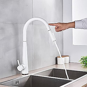 Kitchen Sink Faucet for Bar Farmhouse Commercial, Touch Sensor White Kitchen Faucet, White Pull Out Kitchen Mixer Faucets, Black Smart Sensor Stream Spray Mode Mixer Taps (Color : White)