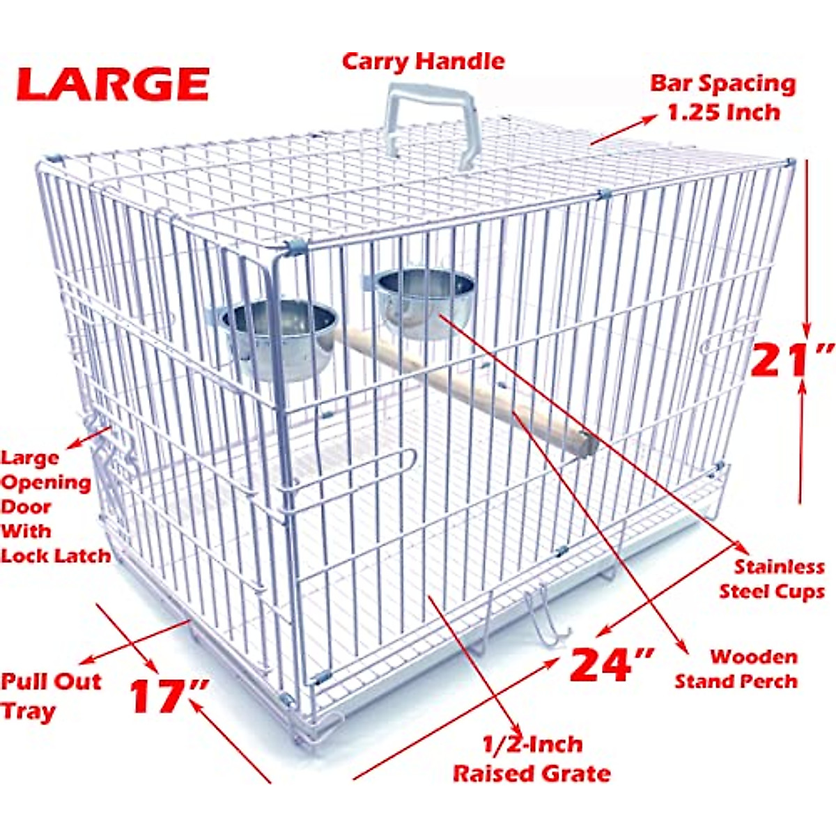 Large Collapsable Bird, Parrot, Dog and Cat Travel Vet Carrier Cage, 24"x16.5"x20"