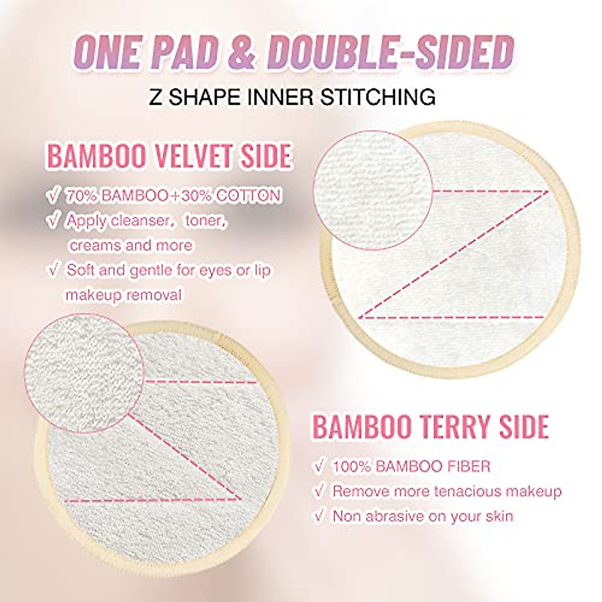 Veemos Reusable Cotton Rounds,14 Pieces Dual Sided Makeup Remover Pads with Washable Laundry Bag & Storage Box,Eco Friendly Bamboo Cotton Pads (Cream)