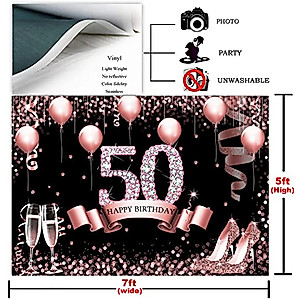 Sensfun Rose Gold Happy 50th Birthday Backdrop for Women Glitter Diamonds Balloons High Heels Birthday Photography Background Fifty Years Old Age Fabulous 50 Birthday Party Decorations Banner 7x5ft
