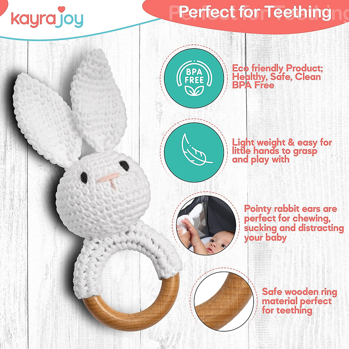 Crochet Bunny Rattle with Diaper Bag Clip - Wooden Teether Baby Rattle for Baby Girls and Boys - Natural Cotton with Wooden Teething Ring