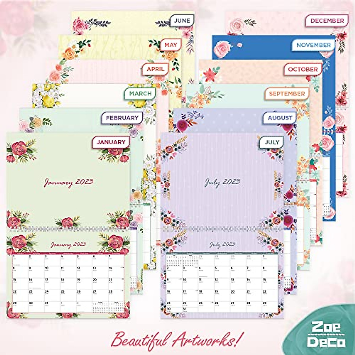 Zoe Deco 8x6 Inch 18-Month Standing Desk Calendar, Jul 2023 - Dec 2024 Tent Style Flip Calendar, Blossoms