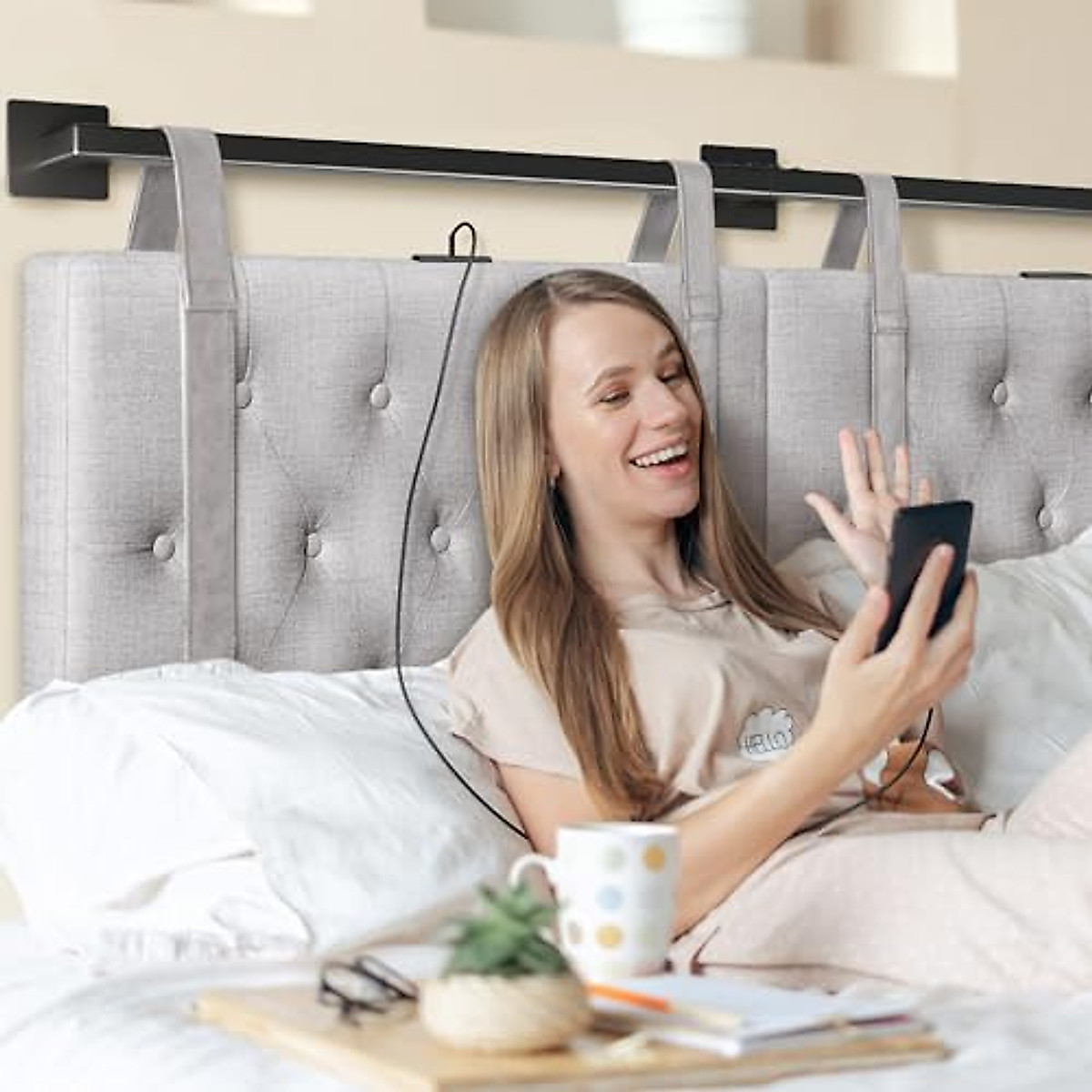 GREENSTELL Wall Mount Headboard with USB for Queen/Full Size Bed, Linen Fabric Headboard Only, Industrial Pipe Modern Style, Gray Hanging Head Boards, Comfortable, Button Upholstered for Bedroom