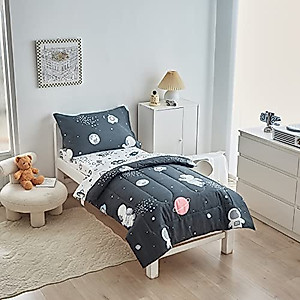 4 Pieces Toddler Bedding Set Space Theme for Baby Boys, Astronaut Planet Rocket Print on Black, Includes Comforter, Flat Sheet, Fitted Sheet and Pillowcase