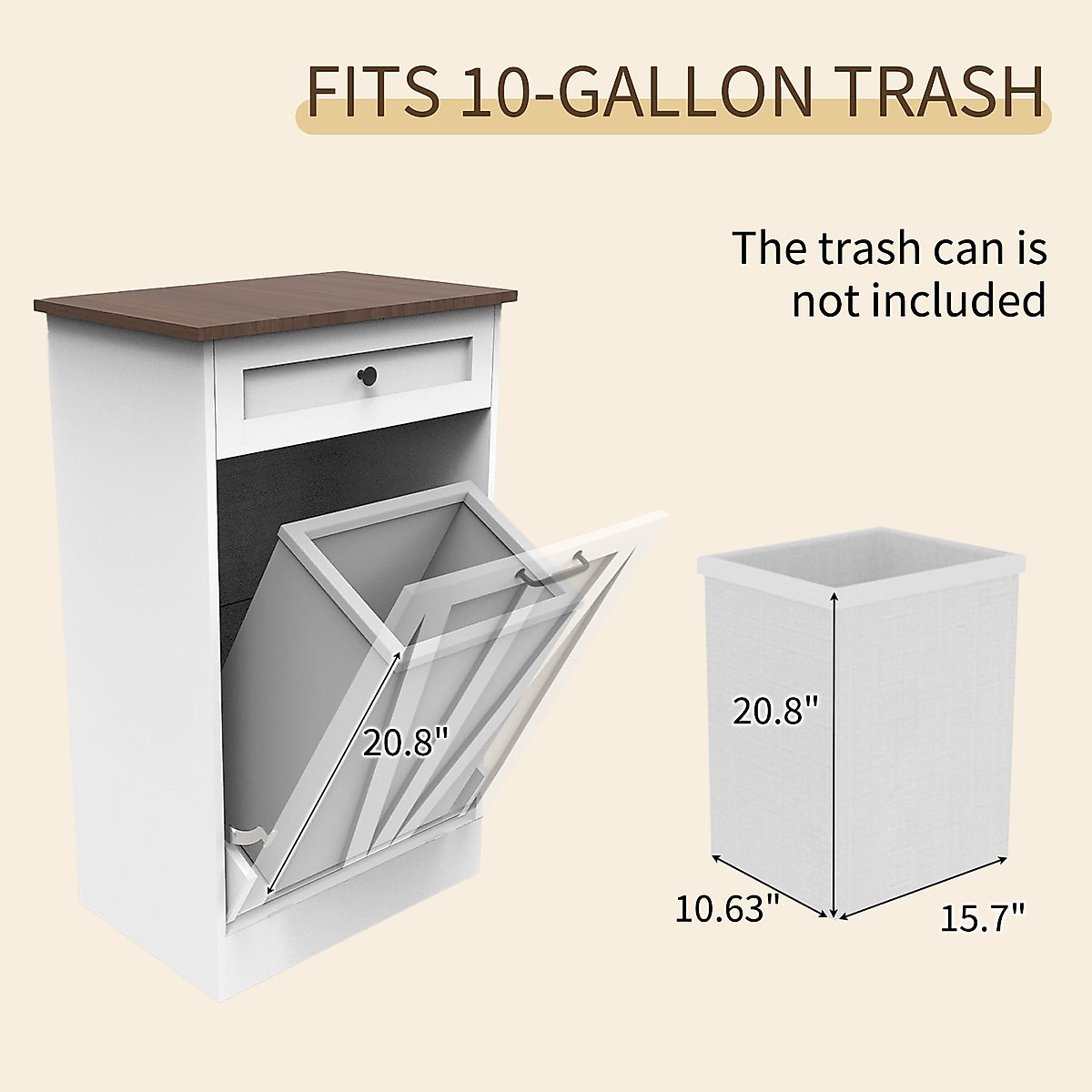 Kitchen Trash Can 10 Gallon, Tilt Out Waste Bin Cabinet with Storage Drawers, Hidden Trash Can Cabinet, Garbage Can Cabinet, Recycling Storage Cabinet for Kitchen, Dining Room, Laundry, Bathroom White