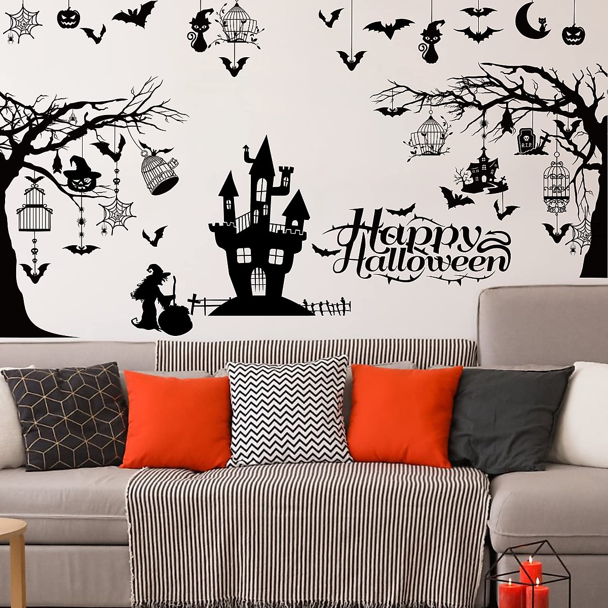 3 Sheets Halloween Wall Decals Tall Halloween Home Wall Decal Bats Ancient Castle Halloween Home Decor Removable DIY Wall Art for Halloween Party Supplies(Stylish Style)