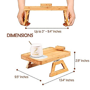 Zenmox Bamboo Clip On Couch Tray Built-in Mug Warmer with Mug Set - Table for Food, Drink Holder - Modern, Sleek Design - with 360° Rotating Phone Holder