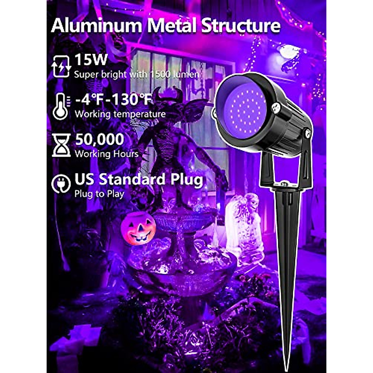 ZUCKEO Outdoor Blacklight Spotlight LED Spot Black Light with US Plug, 15W IP66 Landscape Black Lights Fixtures for Glow Party Body Paint Fluorescent Poster Yard Garden House Decorating(4Pack)