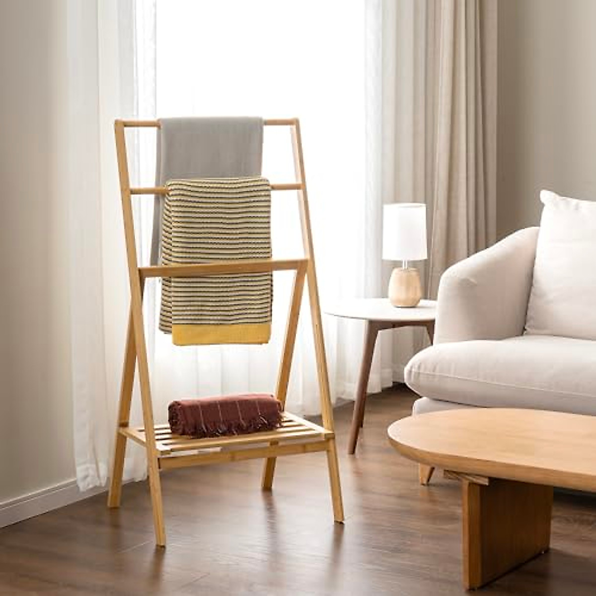MyGift 43 Inch Light Brown Solid Bamboo Freestanding Towel Rack, Bathroom Folding Towel Drying Stand with Bottom Storage Shelf