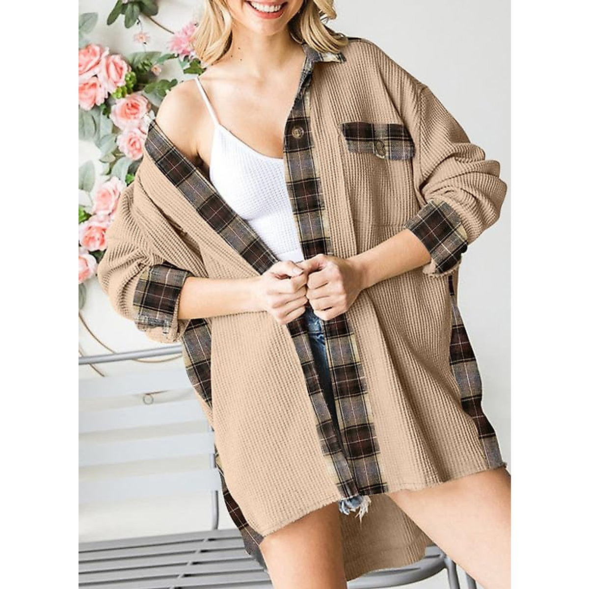 SHEWIN Womens Waffle Knit Plaid Shacket Button Down Shirts Jacket Boyfriend Shirts Long Sleeve Tops Fall Clothes for Women 2023 Apricot S